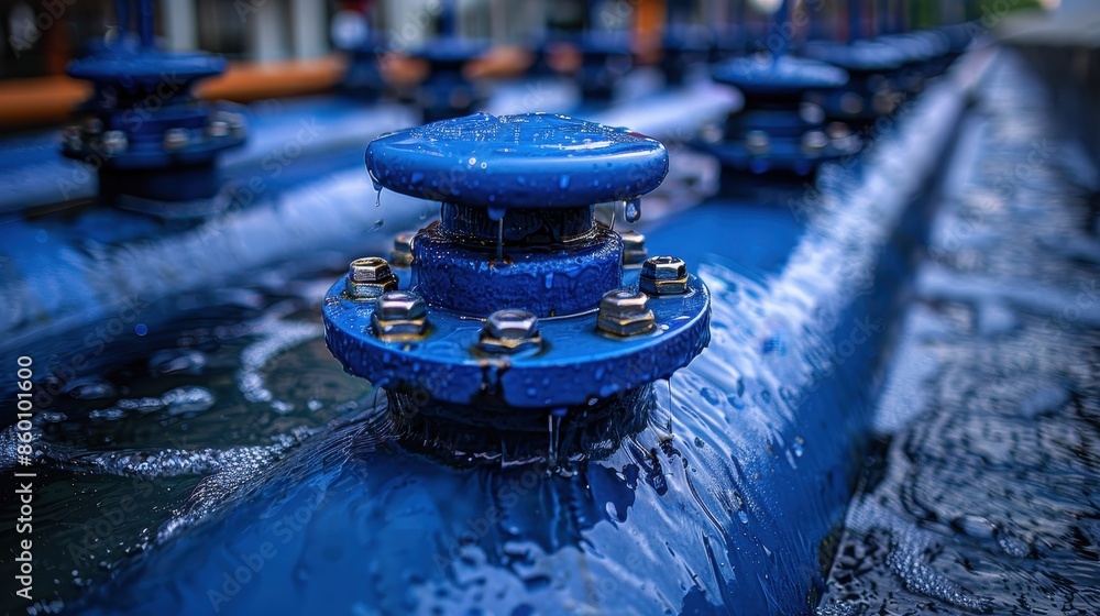 Photo captures blue water pipes in an industrial setting, detailed with ...