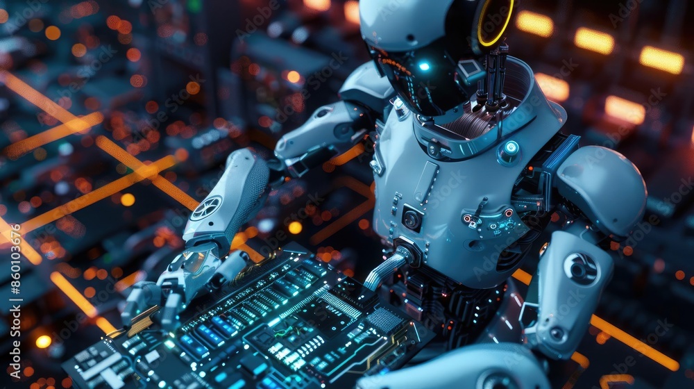 AI robot tweaking circuit boards, dark and moody, cyberpunk, high-resolution, dramatic lighting ...