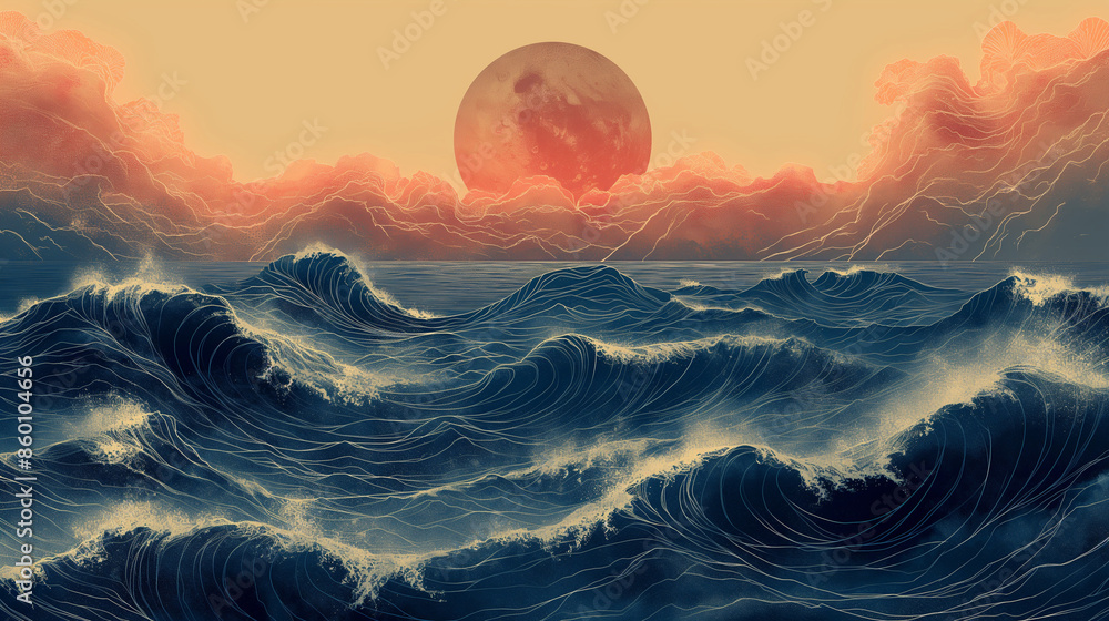 A stylized depiction of an ocean, detailed line work and shading ...