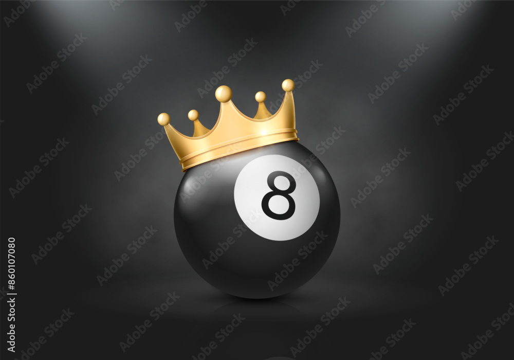 Black billiard ball with golden crown illuminated by spotlights. Vector ...