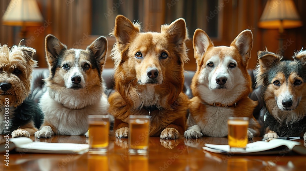 Foto de Five dogs of different breeds are sitting around a table with ...