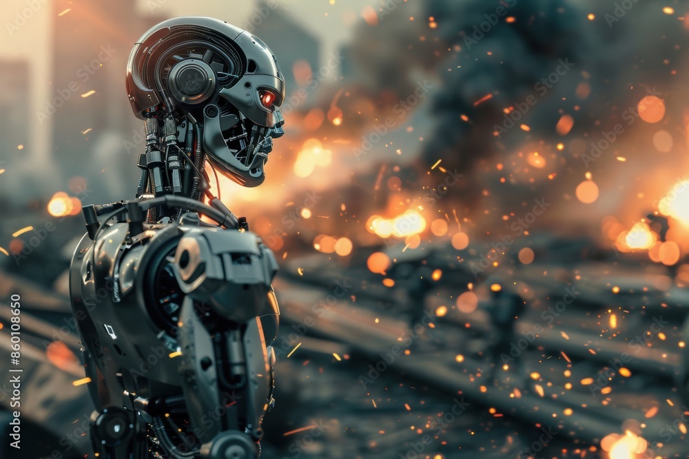 A powerful AI robot in the midst of a futuristic battlefield, advanced ...