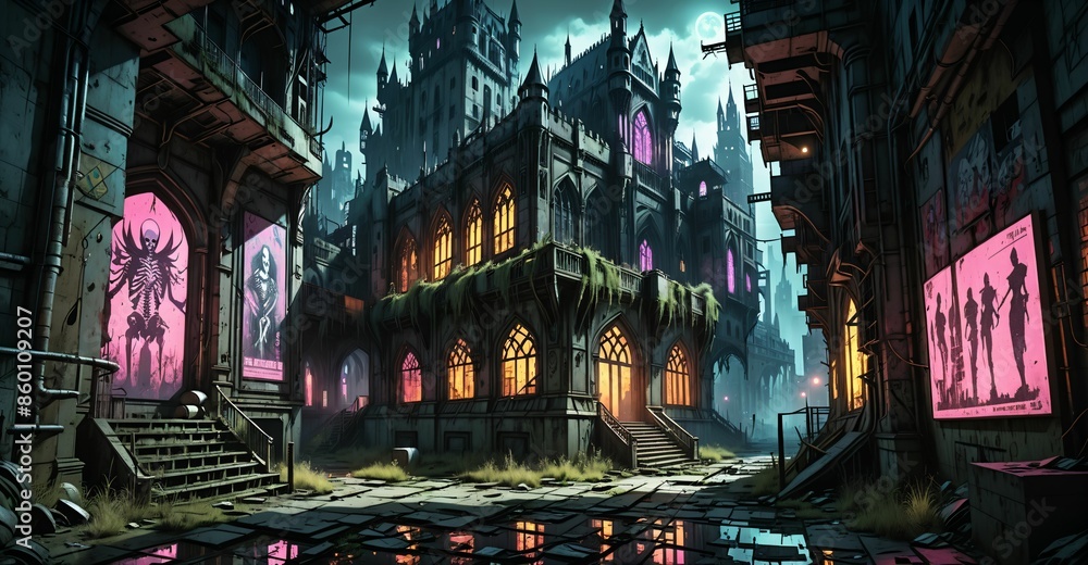 gothic cyberpunk castle medieval palace on city street at night ...