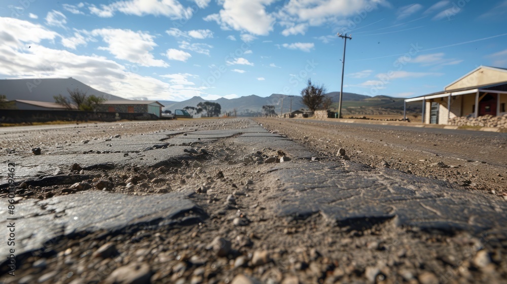A racetrack through a small South African karoo town, potholes, cracked ...