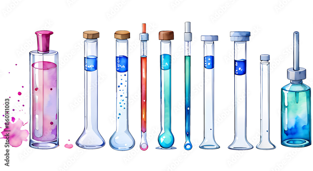 Drawing of a set of colorful glass test tubes in watercolor style. has ...