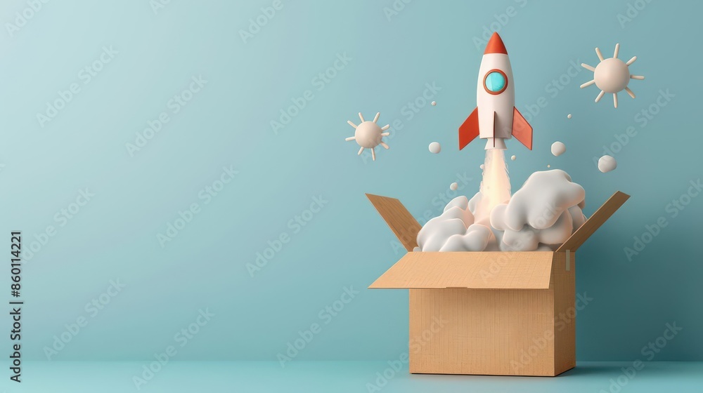 Cartoon style rocket launching from a cardboard box rocket cartoon ...