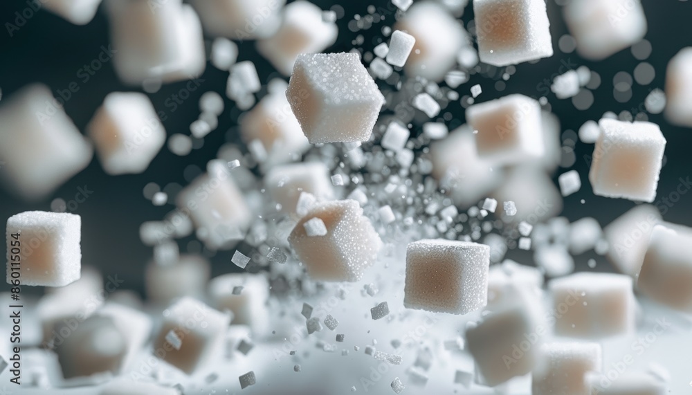 Levitating sugar cubes and granules in motion, capturing a dynamic and ...