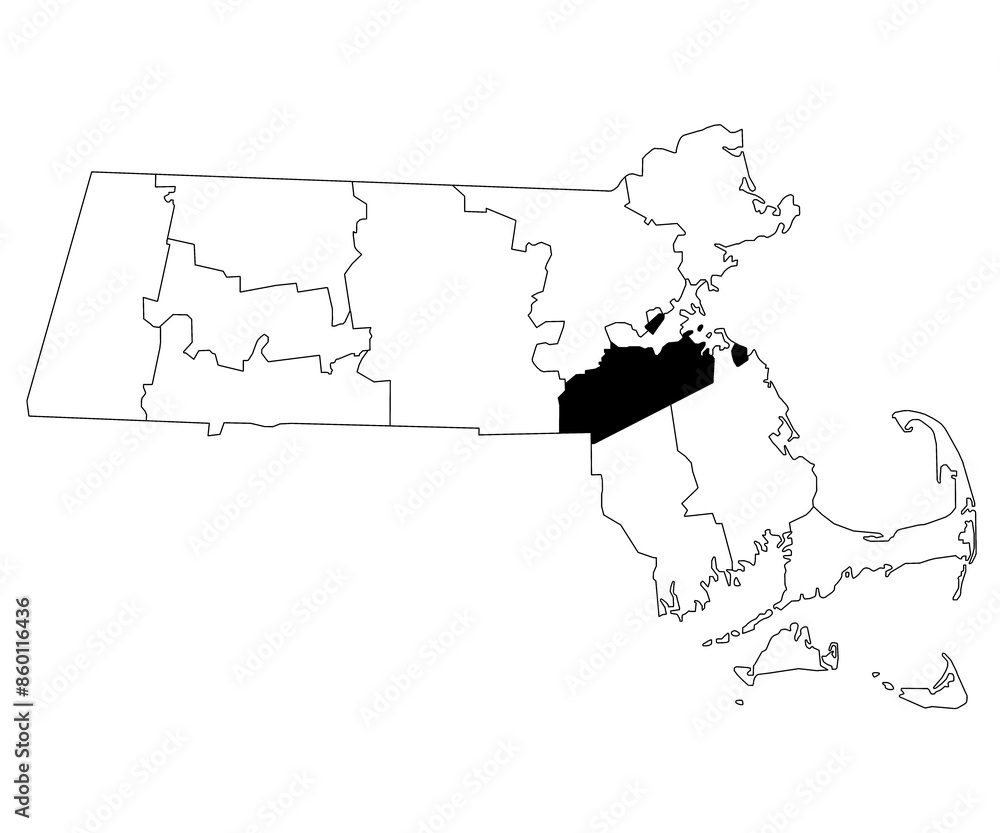 Map of Norfolk County in Massachusetts state on white background ...