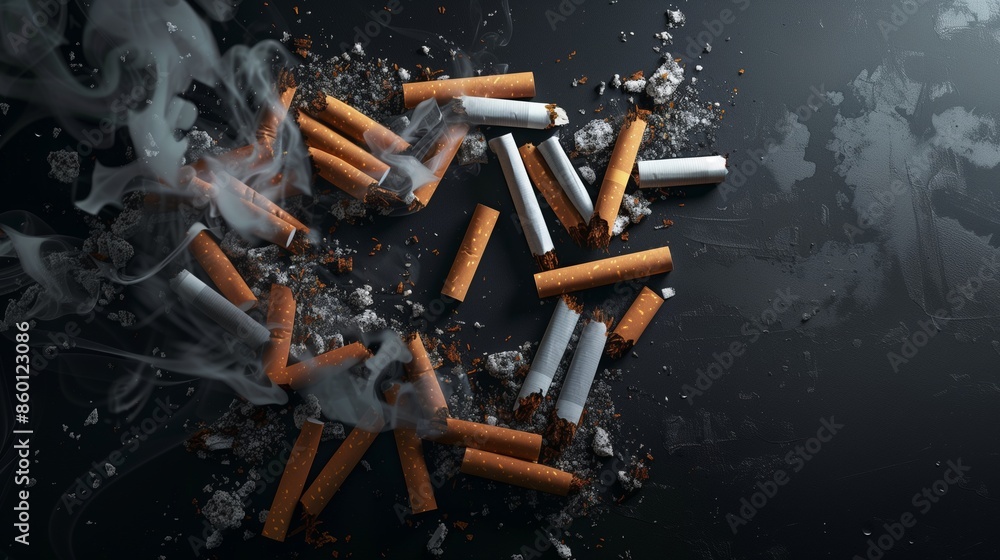 Broken cigarettes with smoke and ash pile in shape of heart on black ...