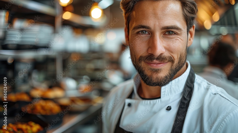 A happy chef smiles warmly in a lively restaurant kitchen, representing ...