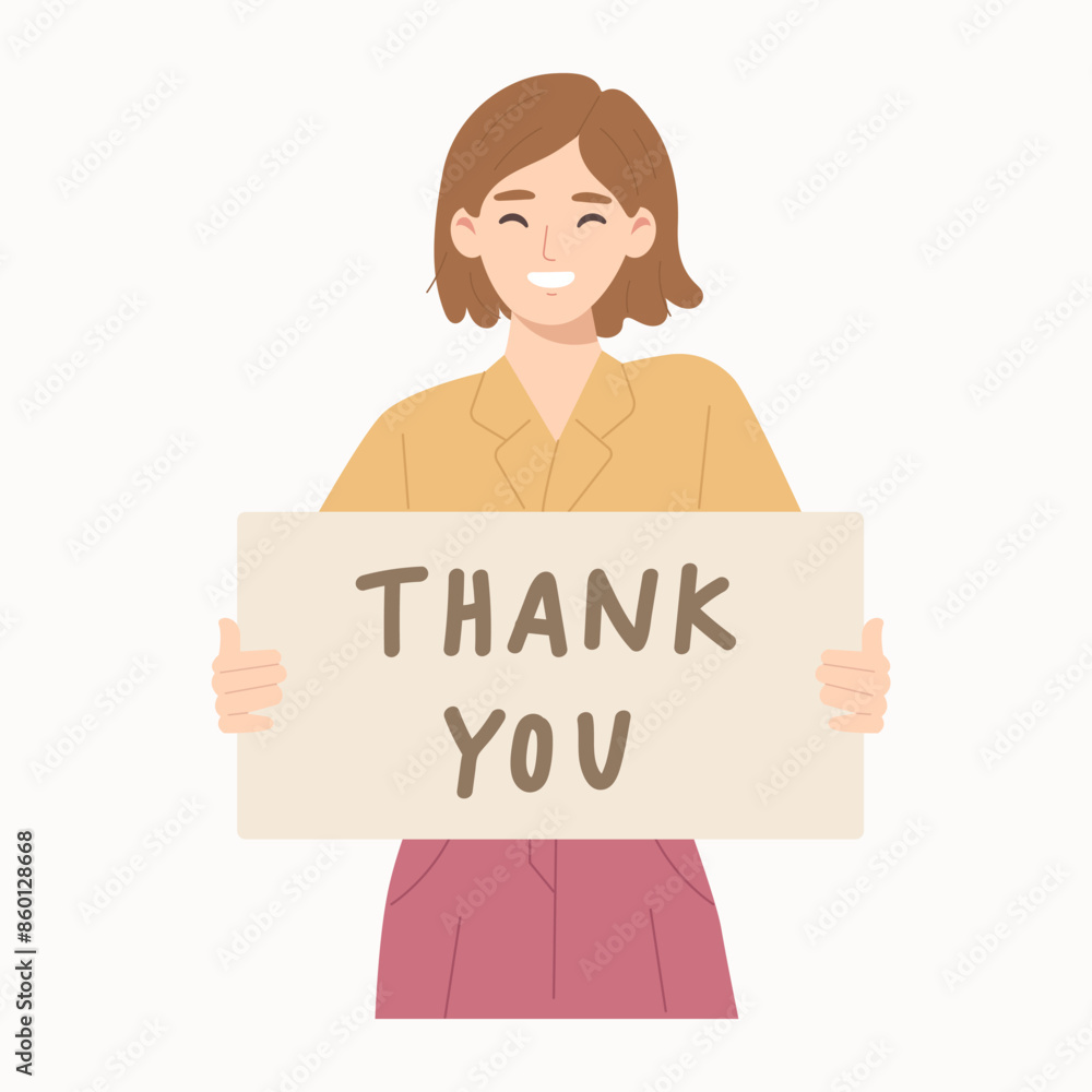 Young cheerful woman smiling and holding card with "THANK YOU" message ...