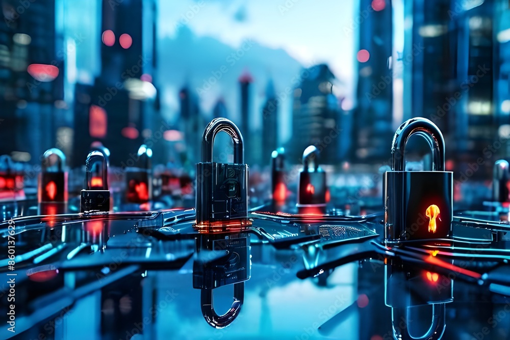 Locking up the digital future, this cyber city scape showcases the importance of security in an ...