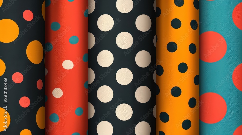 Series of fabric swatches with polka dot patterns. The swatches are ...