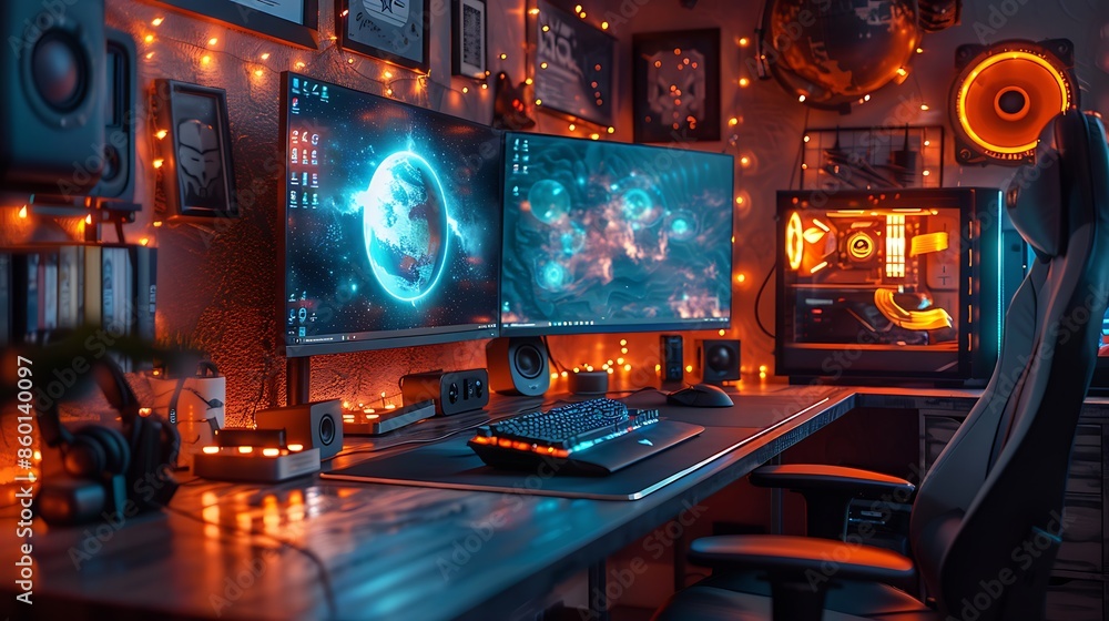 A realistic photo of a space age gaming setup featuring a powerful ...