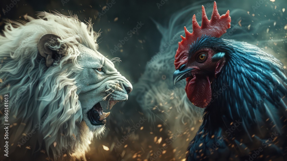 Duality versus concept art. lion and chicken facing each other in ...