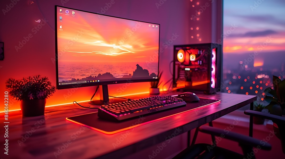 A realistic photo of a vibrant RGB gaming setup featuring a custom ...