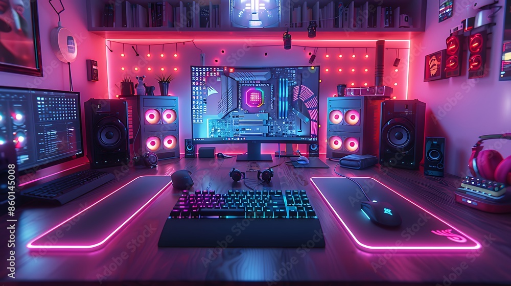 A realistic photo of an RGB gaming paradise featuring a custom-built ...