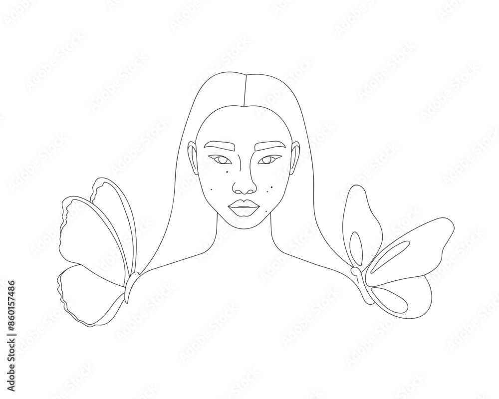 Continuous one line drawing of beautiful woman face with butterfly ...