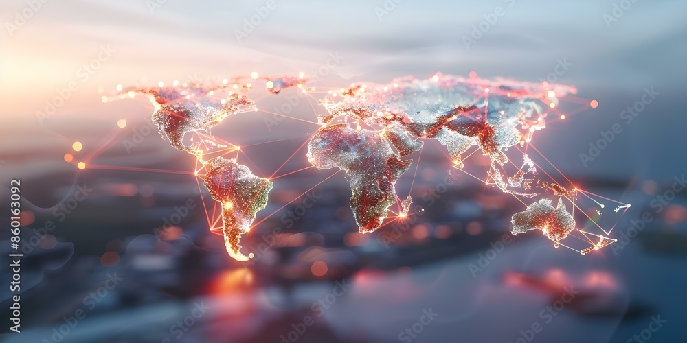 ภาพประกอบสต็อก Glowing trade routes on a world map show global ...