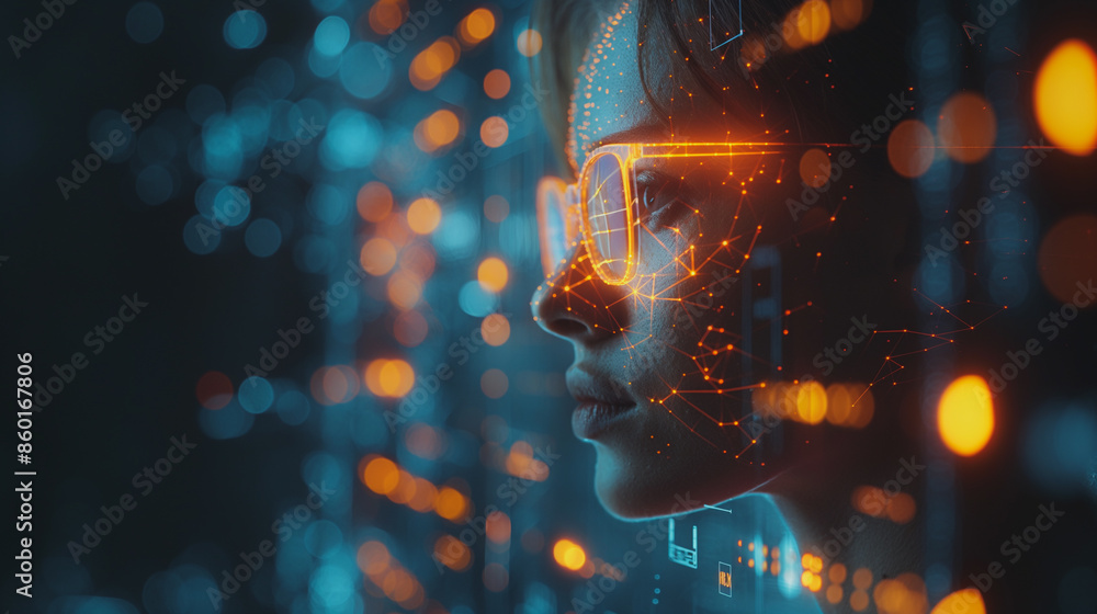 A woman's face is projected onto a screen with a blurry background. The ...