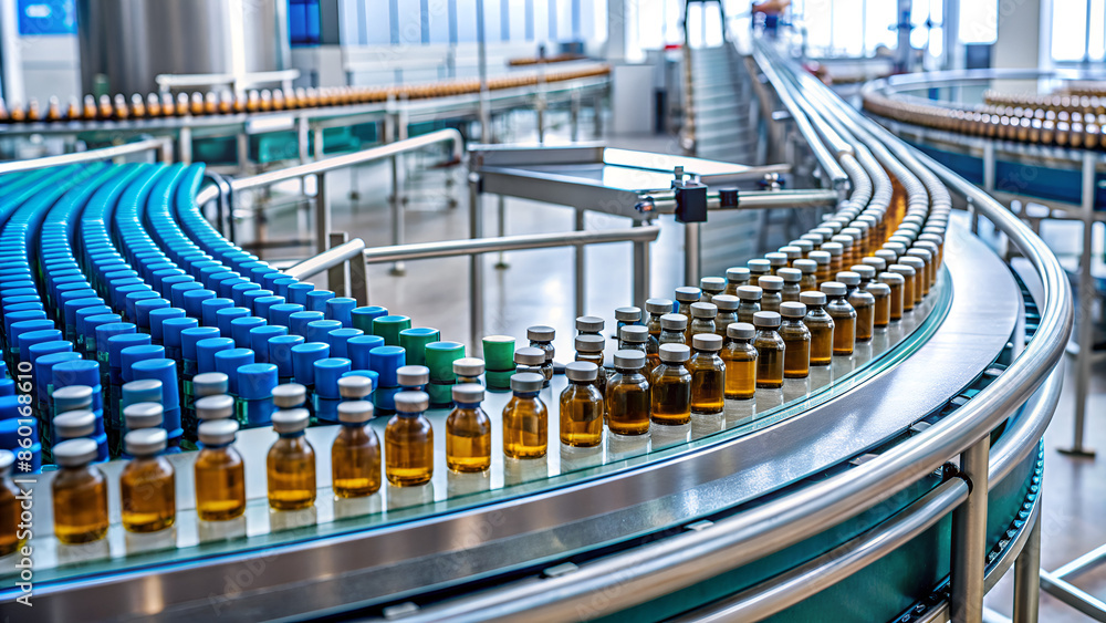 Drug manufacturing process. Conveyor with medical ampoules line at a ...