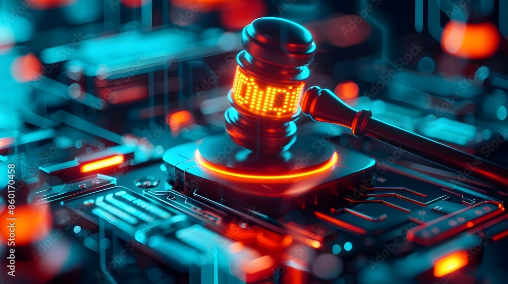 Digital Gavel Slamming in Futuristic Courtroom with Holographic ...