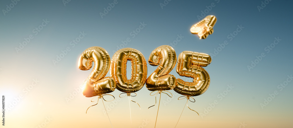 The number "2025" made from golden balloons flying in blue sky with clouds,New year 2025,start ...