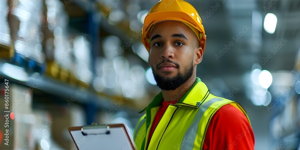 Safety officer inspecting fire extinguisher in warehouse with clipboard ...
