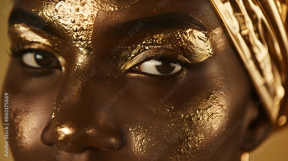 Portrait Closeup Beauty fantasy african woman face in gold paint Golden ...