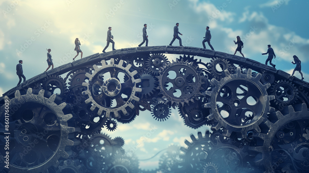 3D visualization of a business bridge made of cogs and wheels crossed ...
