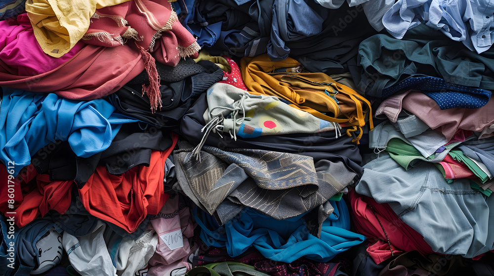 Foto de large pile stack of textile fabric clothes and shoes concept of ...