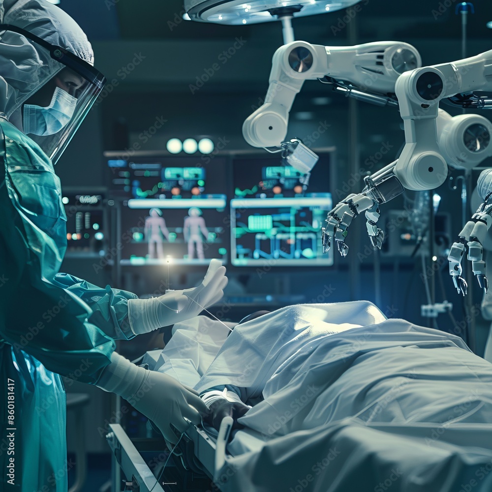 surgeon performing robotic surgery with robotic device. Medical ...