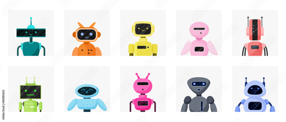 Chatbot cute avatars in different colors set. Funny portraits of bots ...