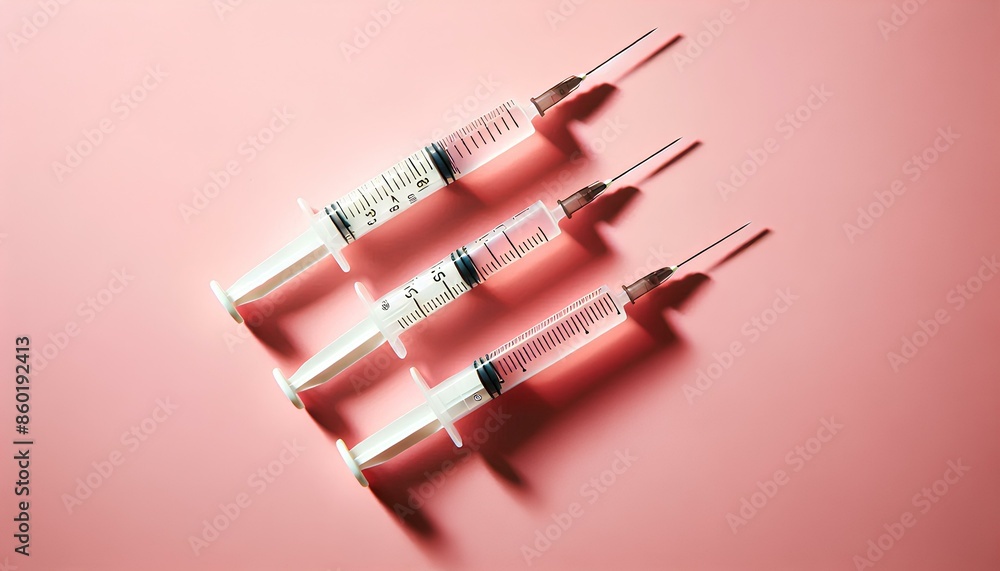 Three syringes filled with a clear liquid are arranged in a row on a ...