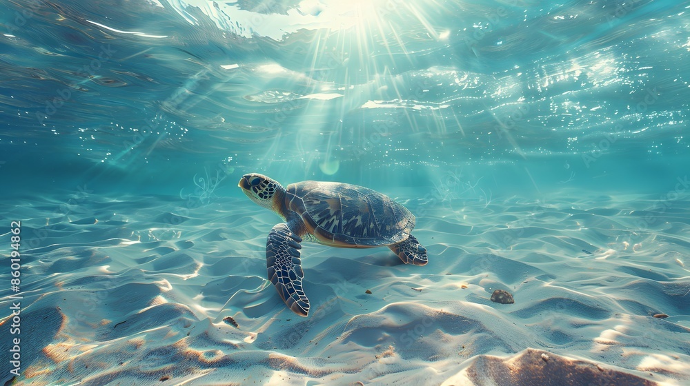Blue sea turtles swim gracefully in the liquid depths of the ocean ...