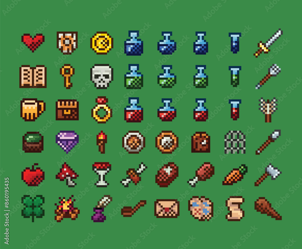 Pixel art vector retro video game icons interface set. Weapon, food ...