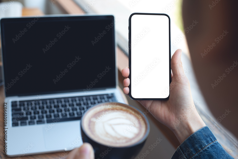 Cell phone white screen mockup, Woman hand holding mobile phone with ...