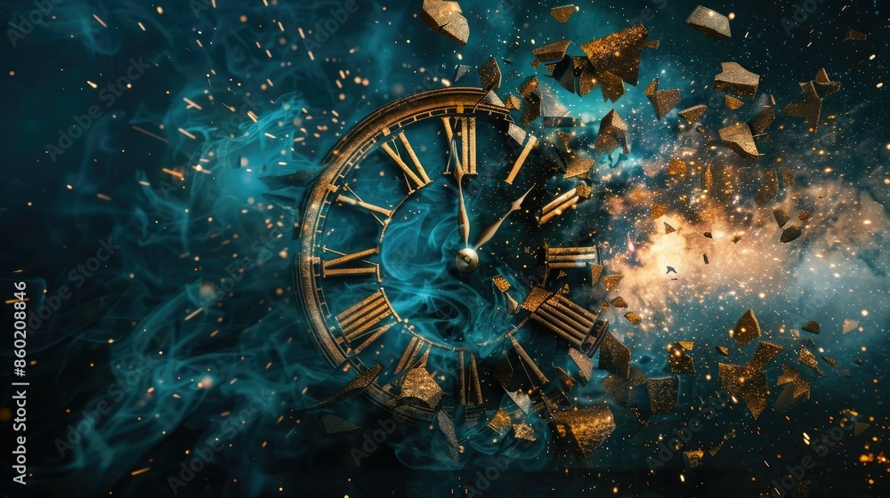 Time travel concept with a digital clock face breaking apart into ...