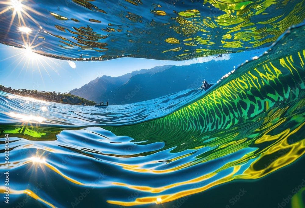 sunlit waves seen through glass bottom boat, clear, water, underwater ...