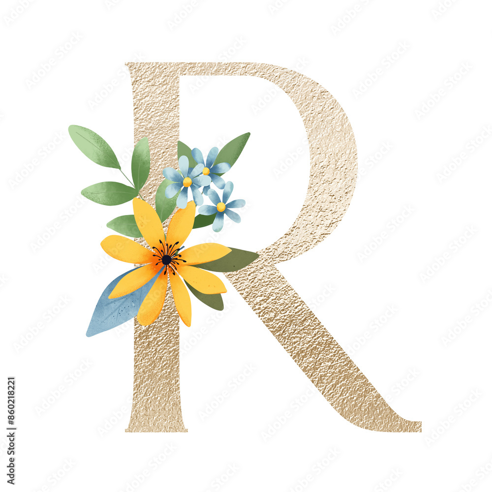 Letter R, gold floral monogram with watercolor flowers and leaf. Golden ...