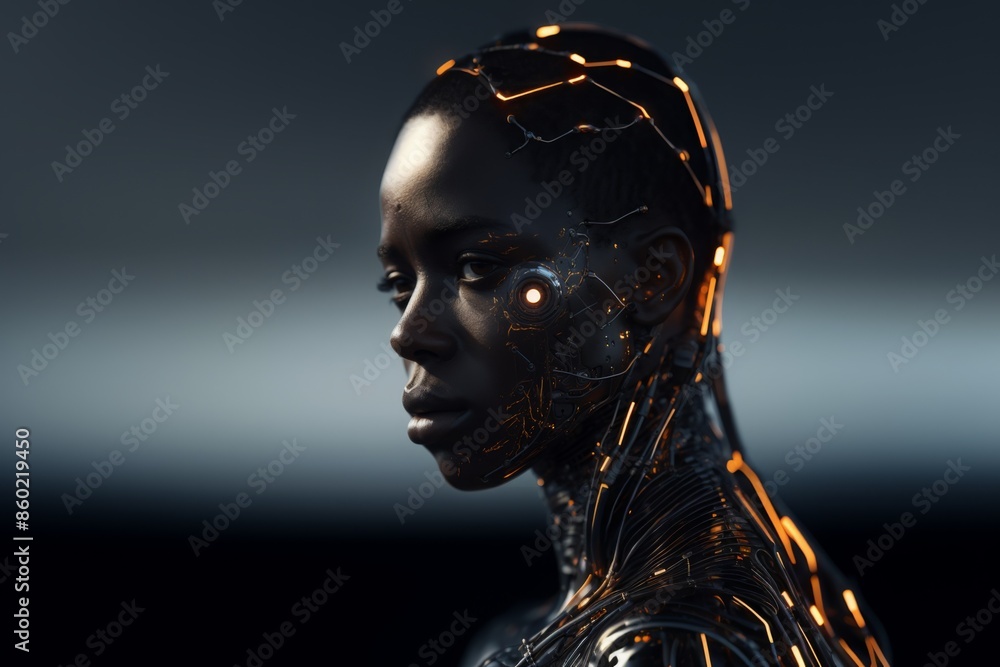 Hyper realistic photograph of portrait black woman humanoid robot on ...