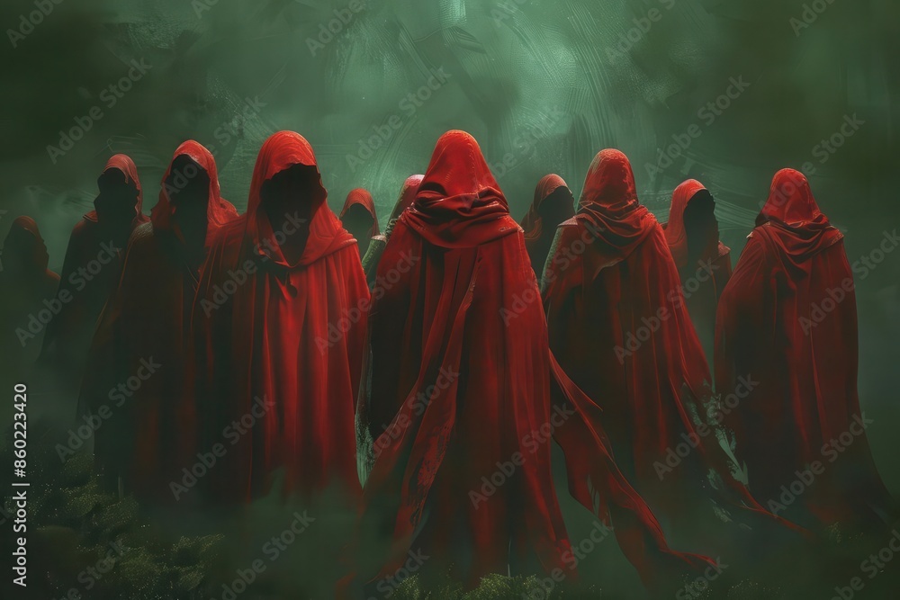 ominous ritual hooded figures in red cloaks gather for mysterious ceremony concept illustration ...