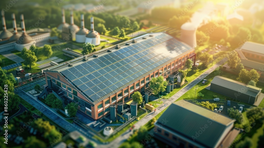 Aerial view of a modern industrial complex equipped with solar panels ...