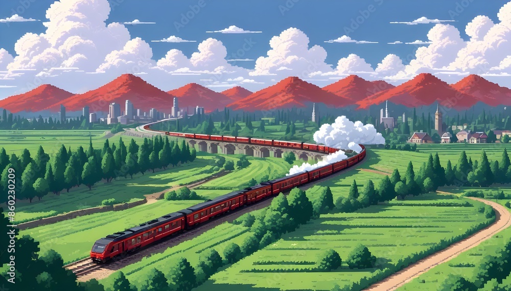 "Pixel Art Landscape with Retro Train - Vintage Game Background ...