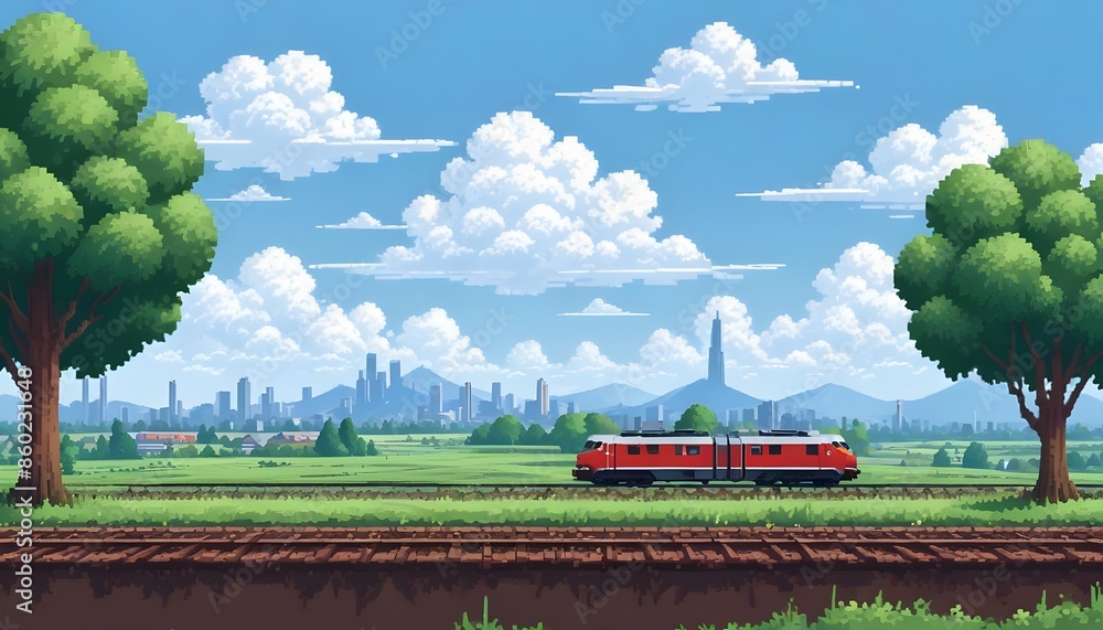 "Pixel Art Landscape with Retro Train - Vintage Game Background ...