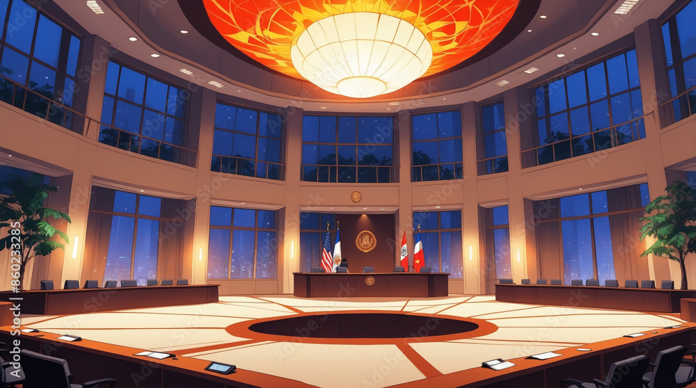 Embassy:Secure compound with national symbols, diplomatic personnel,a ...