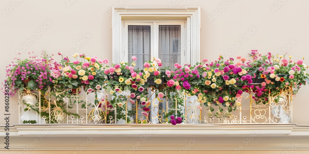 Balcony of an old palace with arched window doors and flowering plants ...