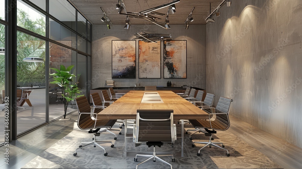 Conference room interior with wooden walls and a conference table ...