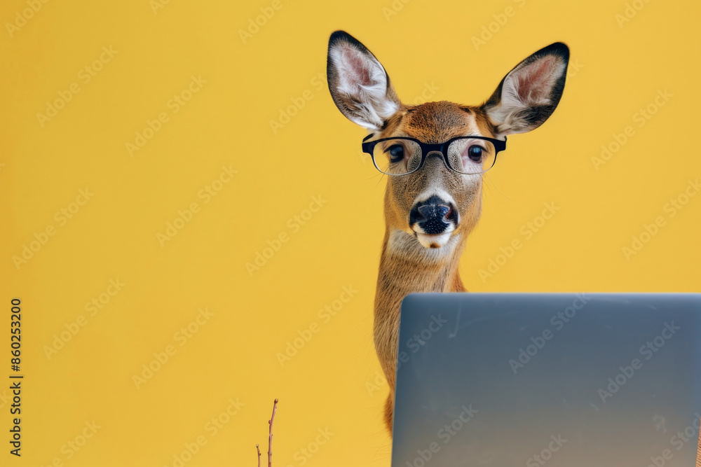 A deer sitting in front of a laptop, donning glasses, with a plain ...