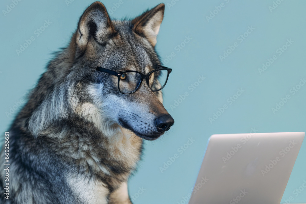 A wolf sitting in front of a laptop, wearing glasses, with a plain icy ...